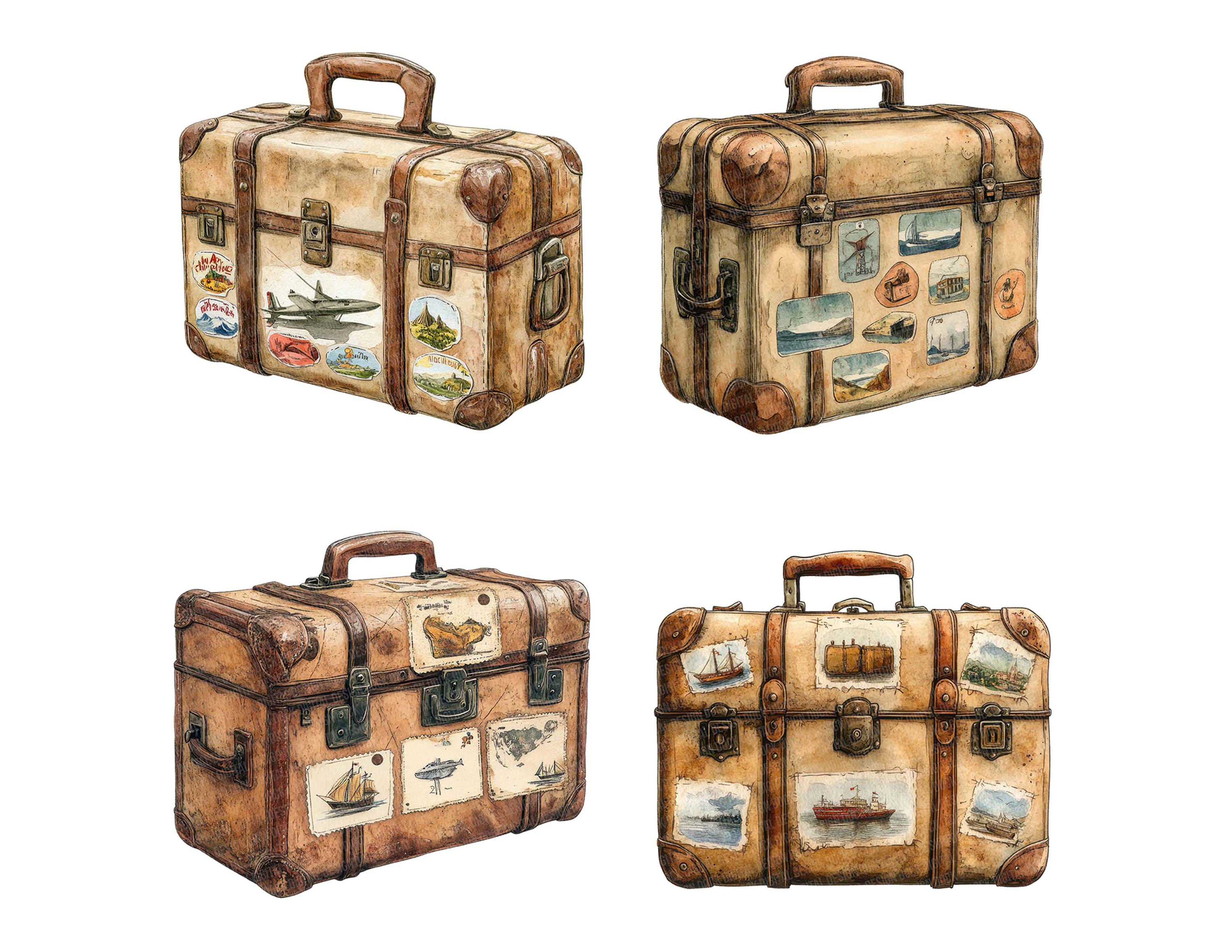 Vintage Suitcase PNG Clipart, 12x Watercolor Travel Illustrations ...