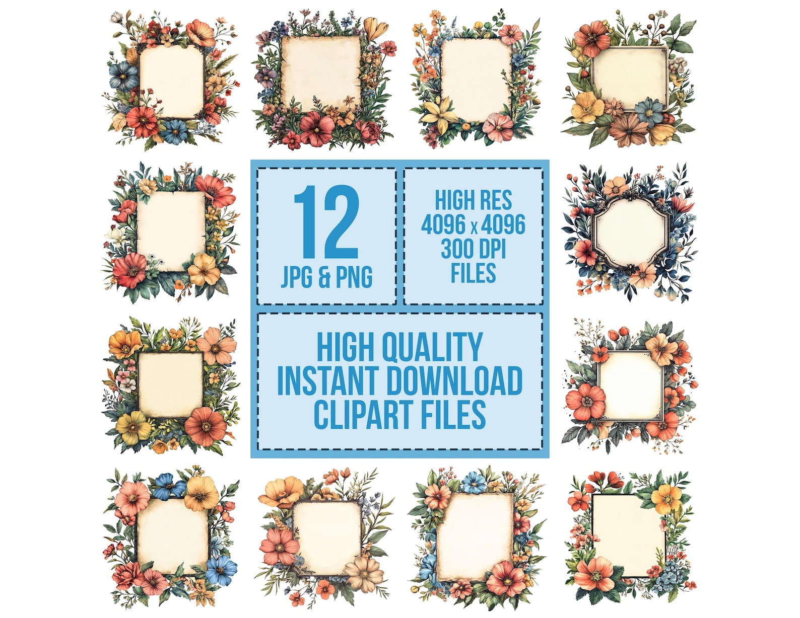 Floral Frame PNG Clipart, 12x Watercolor Flower Border Clip Art Set ...