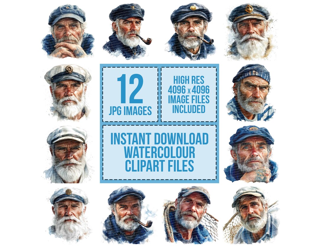 12 Sea Captain Clipart, Watercolor Old Sea Man, Printable Watercolor ...
