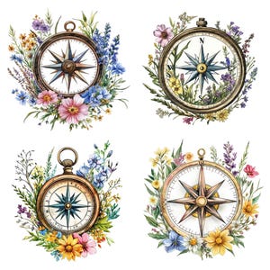 12x Compass With Flowers PNG Clipart, Vintage Travel Clip Art Set ...