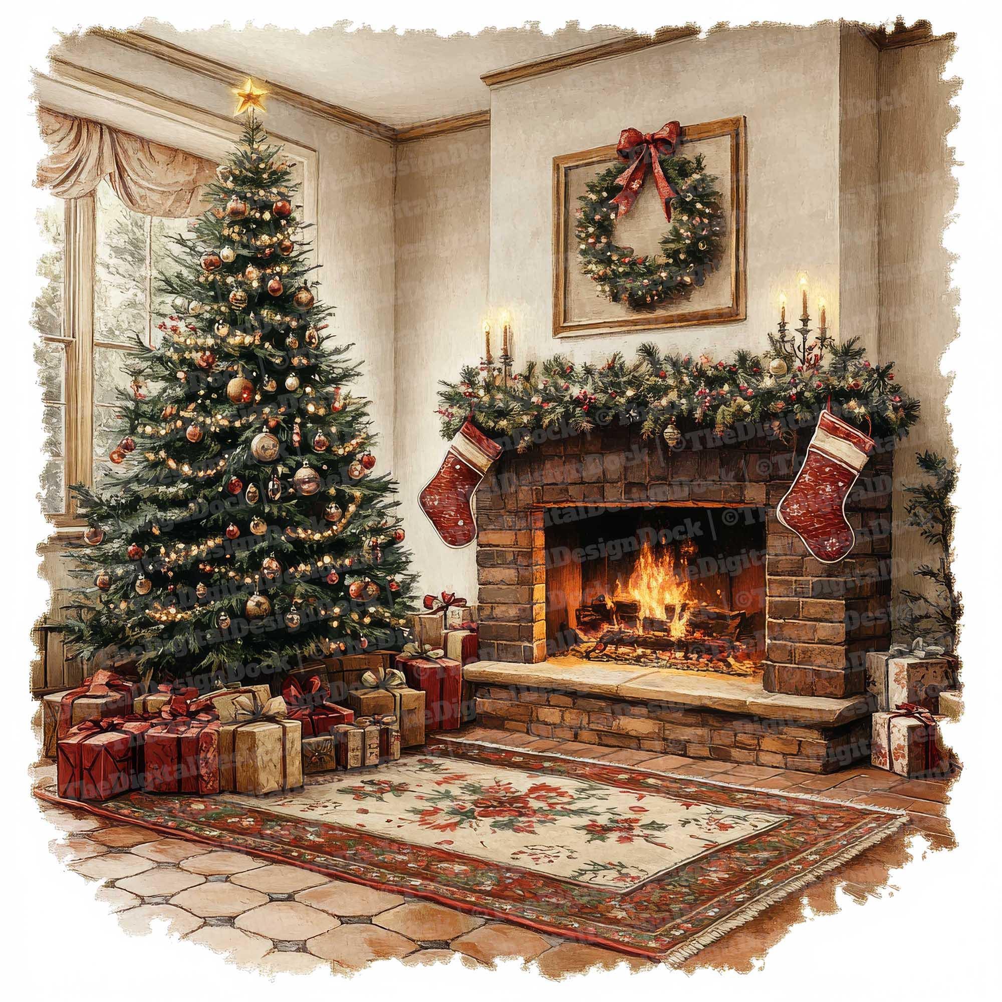 12 Cozy Christmas Scene Clipart, Watercolor Holiday Fireplace ...