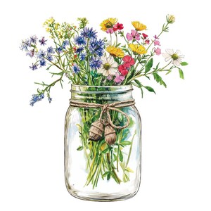 12x Floral Mason Jar PNG Clipart, Watercolor Wildflower Clip Art Set ...