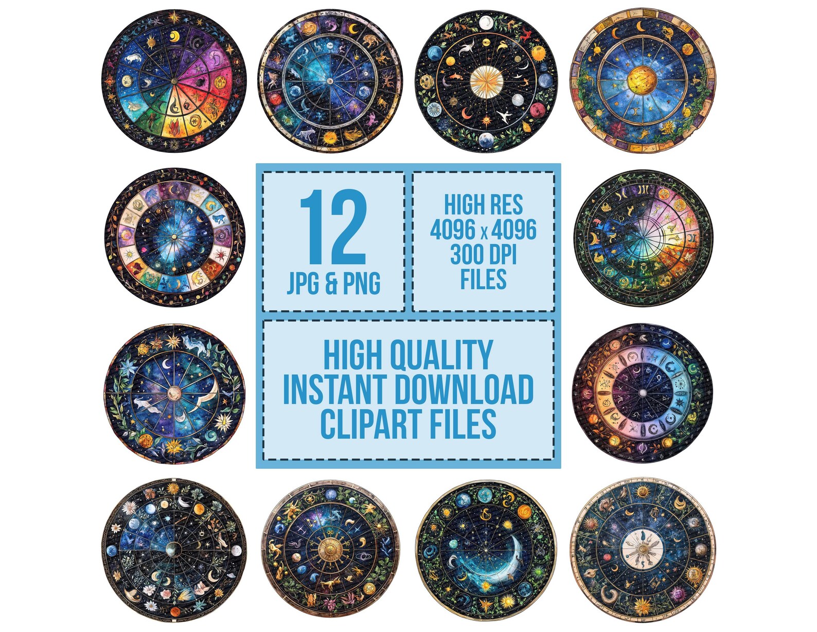 Zodiac Astrology Wheel Clipart, 12x Colorful Astrology Circle Clip Art ...