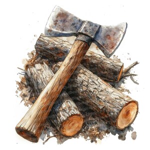 12x Lumberjack Clipart, Axe and Logs Watercolor, High Quality Jpgs ...