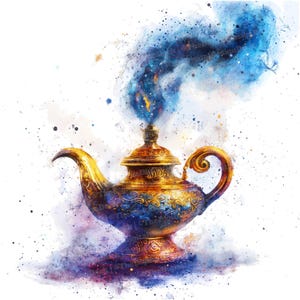 12x Fantasy Genie Lamp Clipart, Watercolor Magic Art, High Quality Jpgs ...