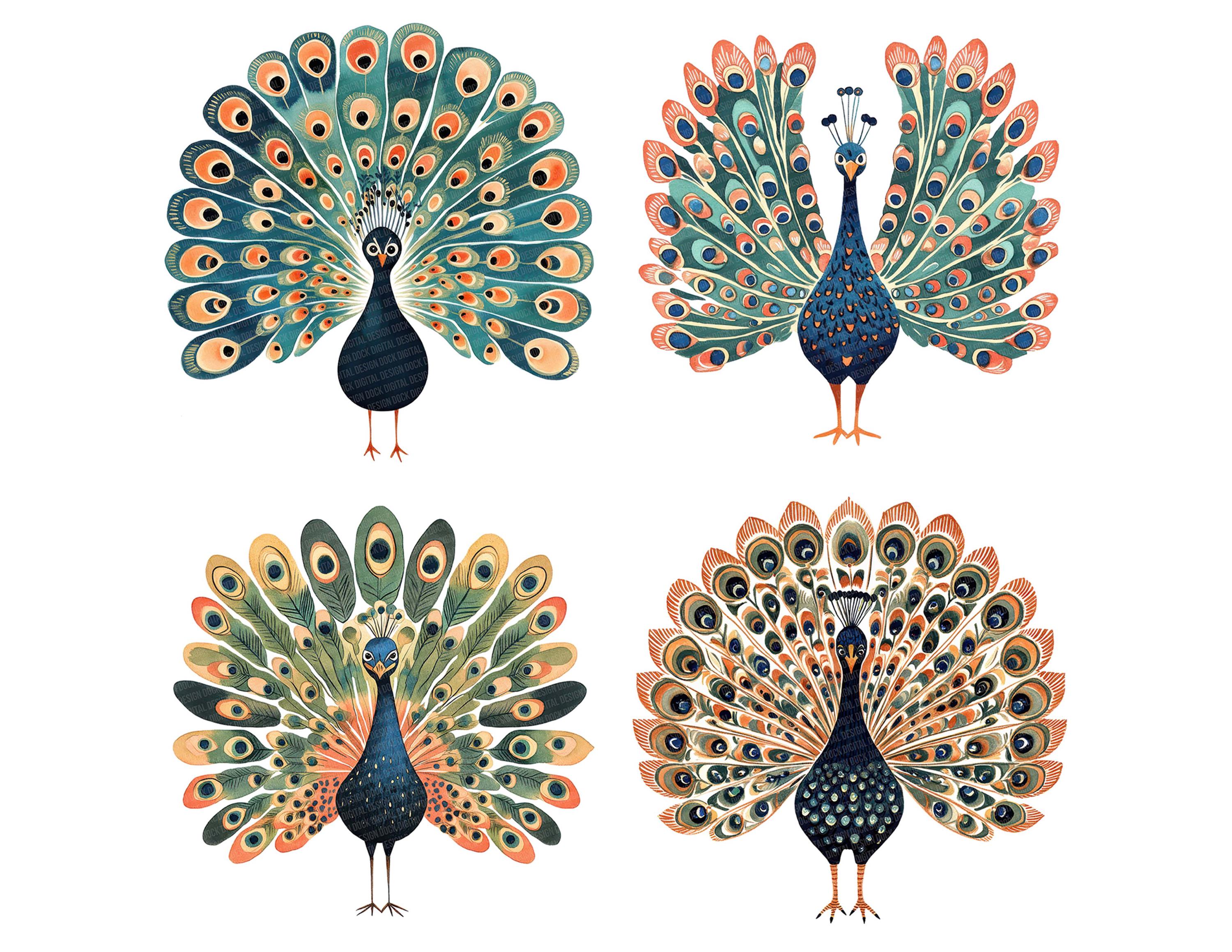 Peacock PNG Clip Art, 12x Folk Art Front Facing Peacock Clipart Set ...