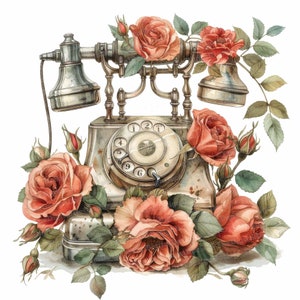 12 Vintage Floral Telephone Clipart, Watercolor Antique Phone Art ...