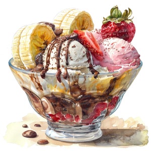 12 Banana Split Ice Cream Clipart, Watercolor Sundae Dessert Clipart ...