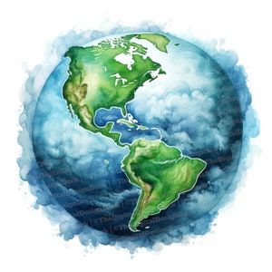 Earth Map Clipart, 12 Jpgs, Planet Earth Watercolor Clipart, Printable ...