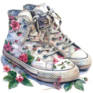 12 Floral Sneakers Clipart, Watercolor Shoes With Flowers Clipart ...