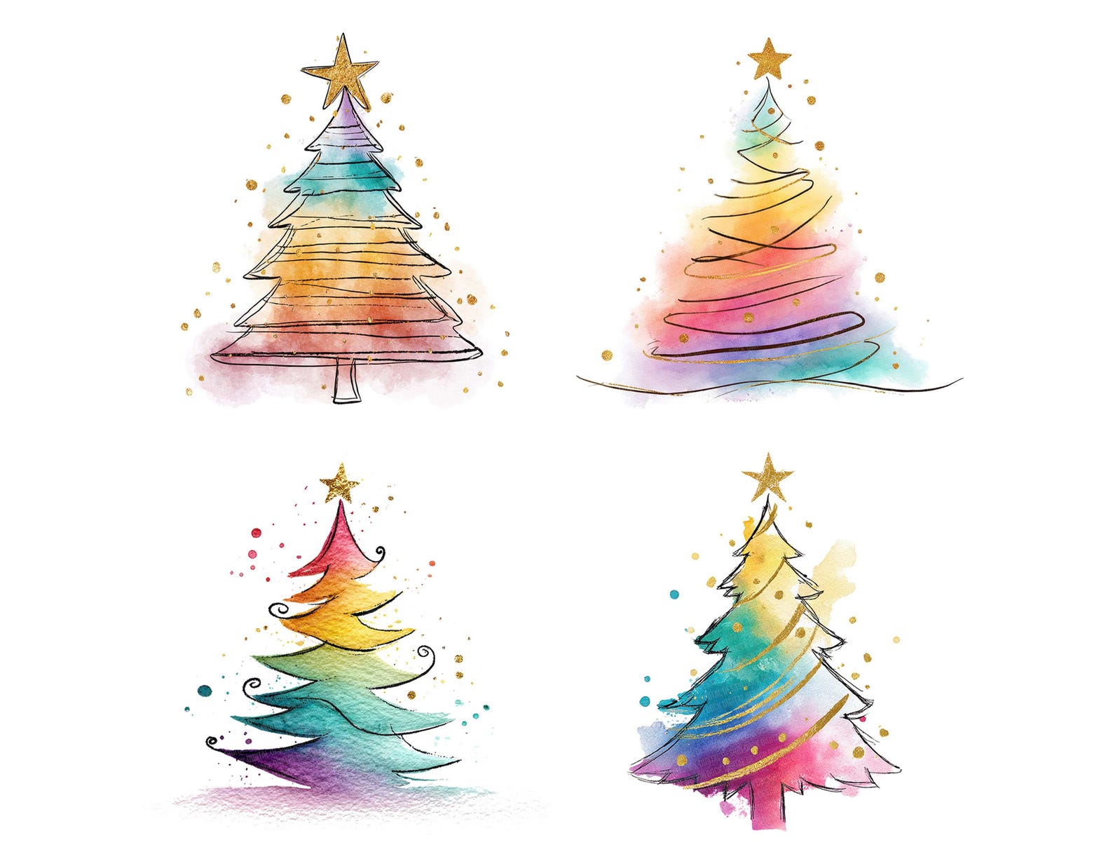 Sketch Rainbow Christmas Tree PNG Clipart, 12x Watercolor Holiday Tree ...