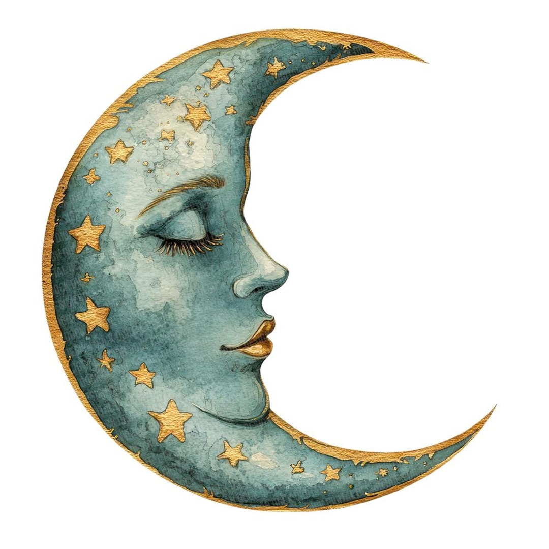 Crescent Moon With Face Clipart, 12x Moon and Stars Watercolor Clip Art ...
