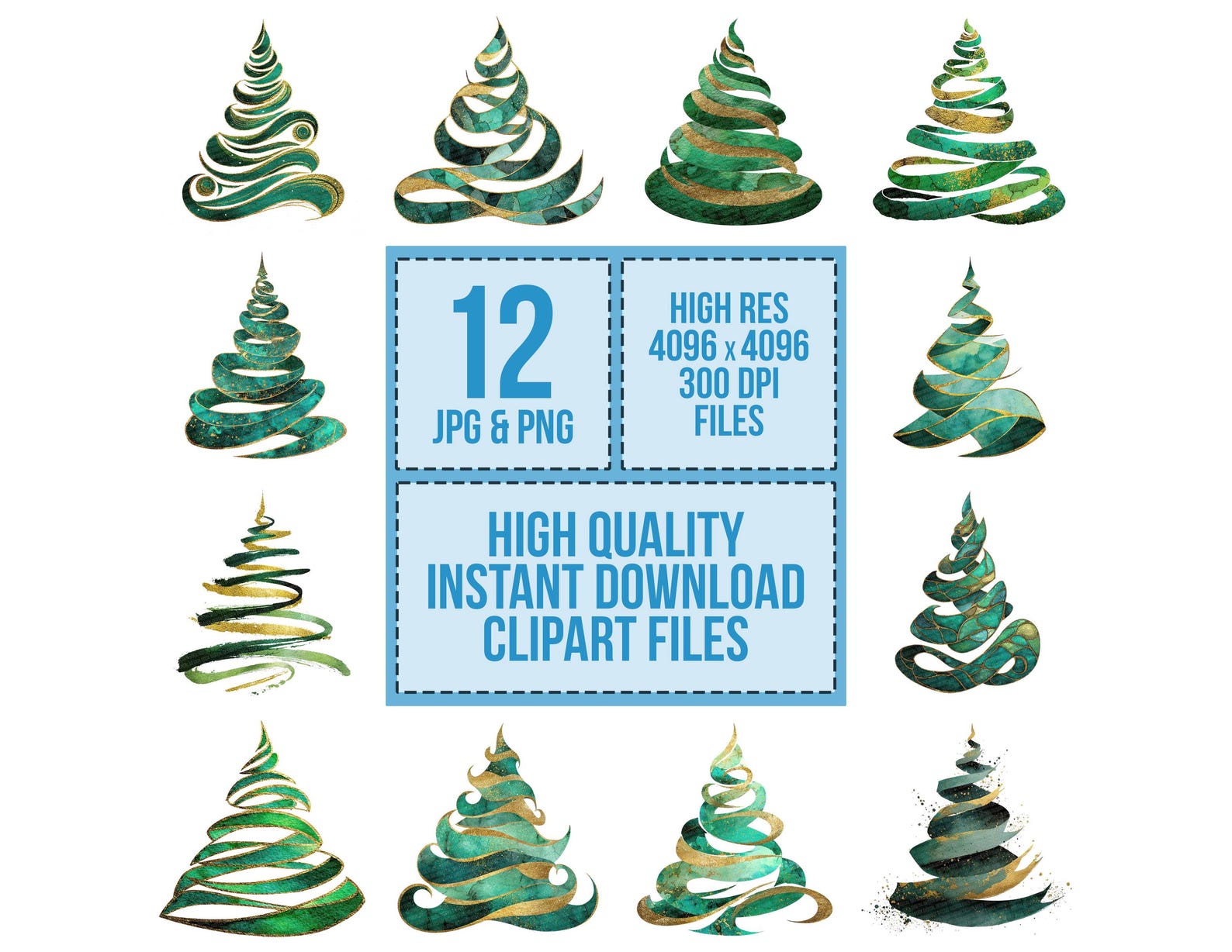 Christmas Tree PNG Clipart, 12x Watercolor Spiral Tree Clip Art Set ...