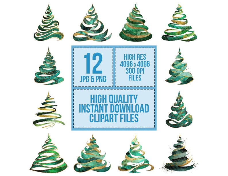 Christmas Tree PNG Clipart, 12x Watercolor Spiral Tree Clip Art Set ...