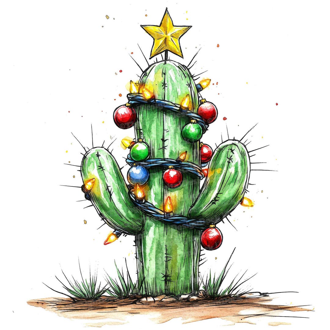 12x Christmas Cactus Tree Clipart, Watercolor Holiday Desert ...