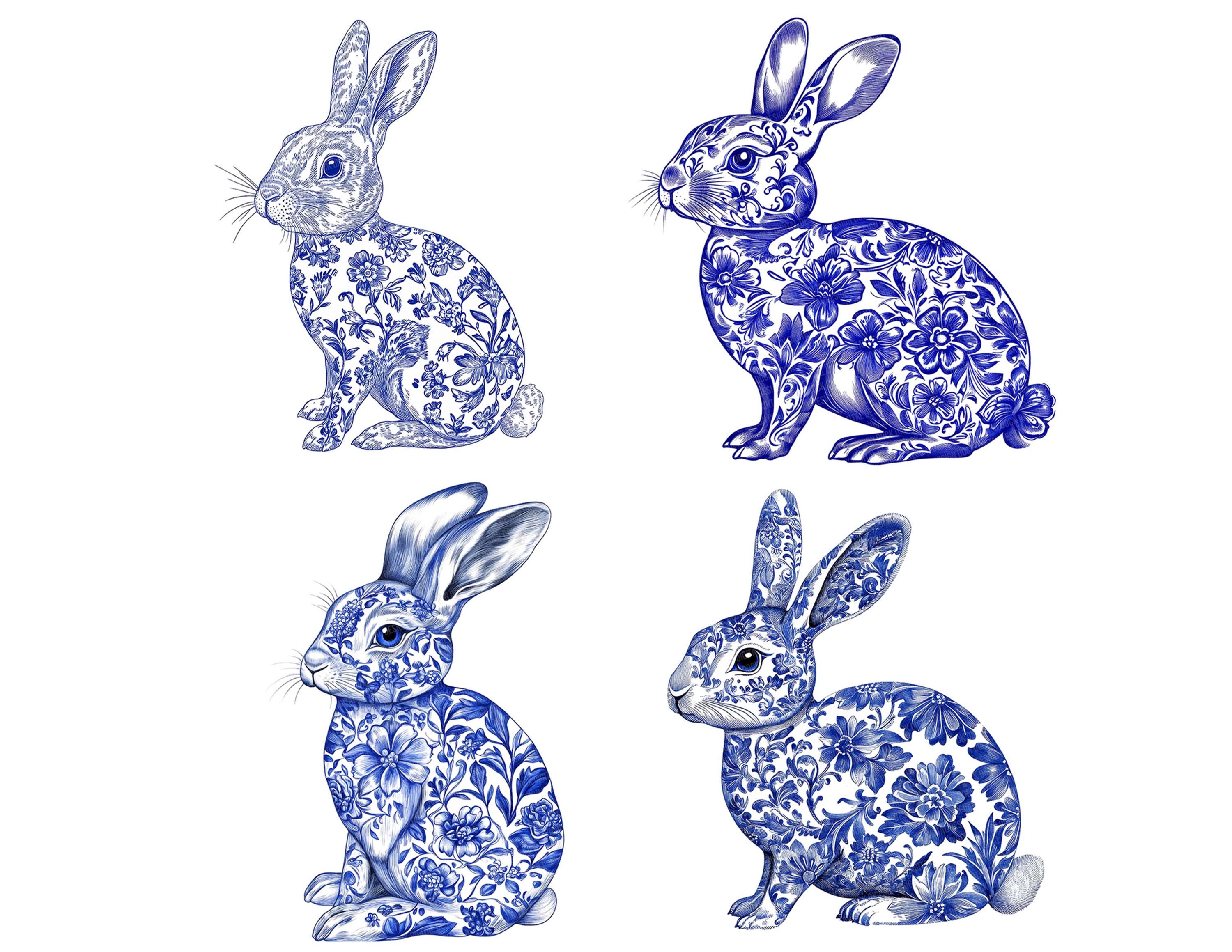 Delft Blue Rabbit Clipart, 12x Watercolor Bunny PNG Set, Floral Rabbit ...