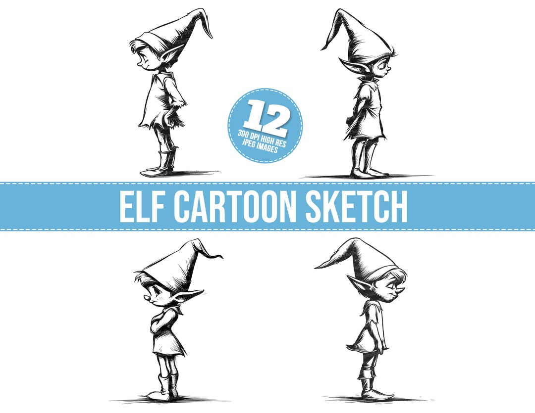 Elf Cartoon Sketch Clipart, 12 Jpgs, Elf Line Art Printable Image ...