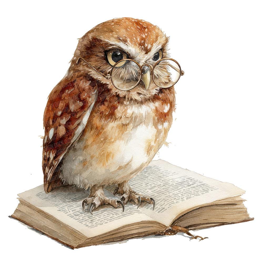 Owl PNG Clipart, 12x Bookish Animal Clip Art Set, Printable Watercolor ...