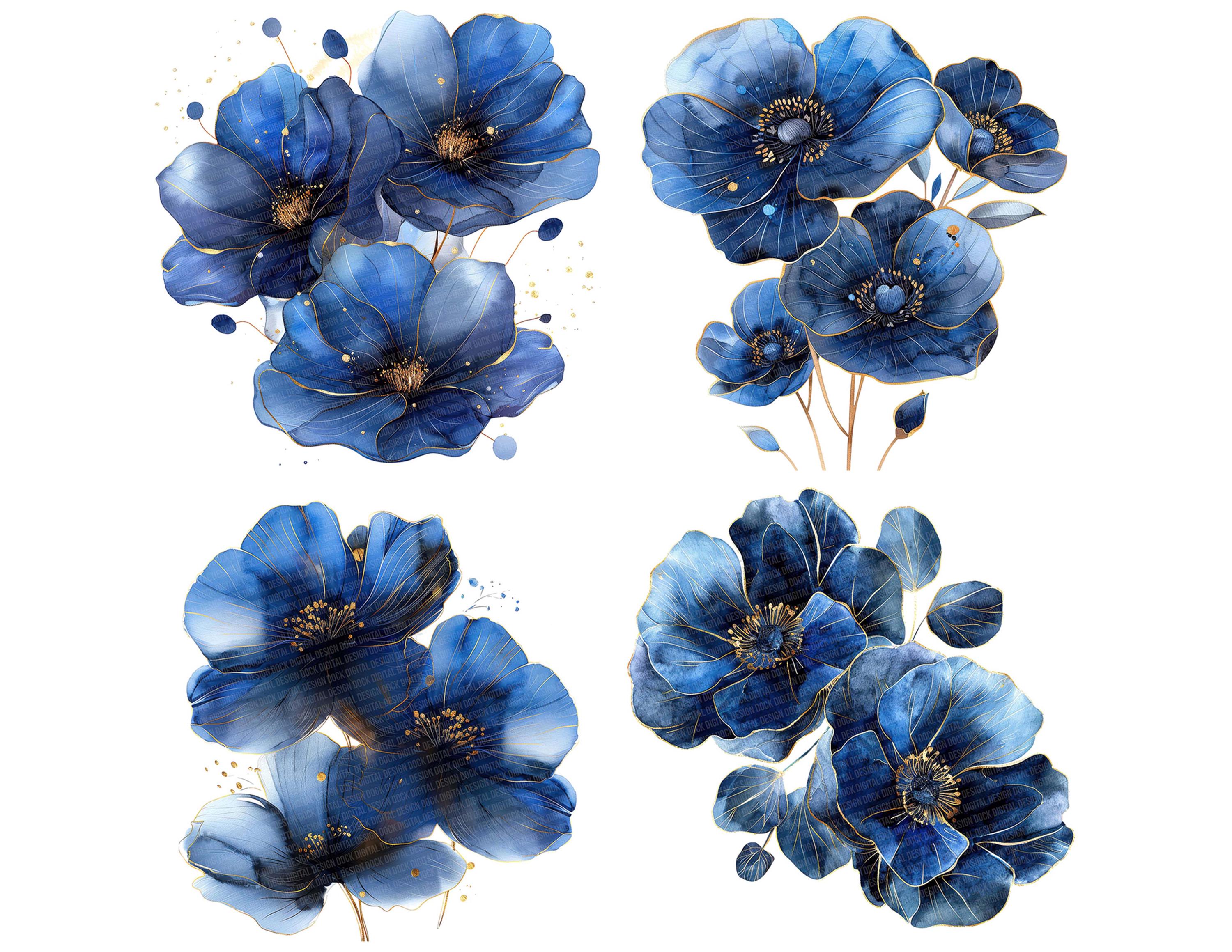 Midnight Blue Flower Clipart, 12x Watercolor Floral Clip Art Set ...