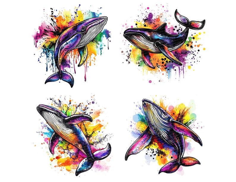 Whale PNG Clip Art, 12x Watercolor Splatter Whale Clipart PNG Set ...