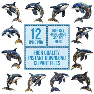 Orca Whale PNG Clipart, 12x Baroque Blue and Gold Clip Art, Printable ...