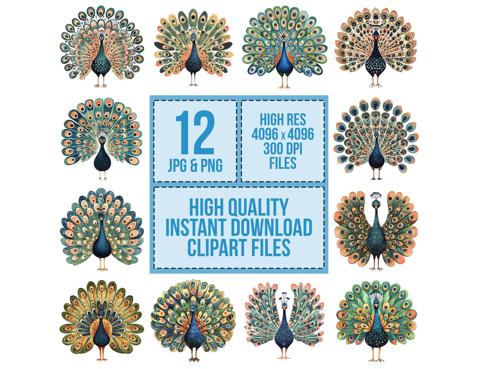 Peacock PNG Clip Art, 12x Folk Art Front Facing Peacock Clipart Set ...