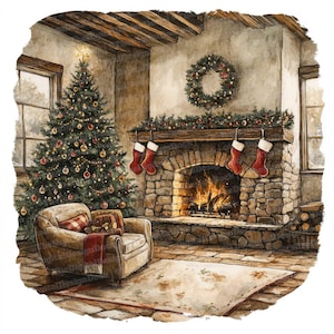 12 Cozy Christmas Scene Clipart, Watercolor Holiday Fireplace ...