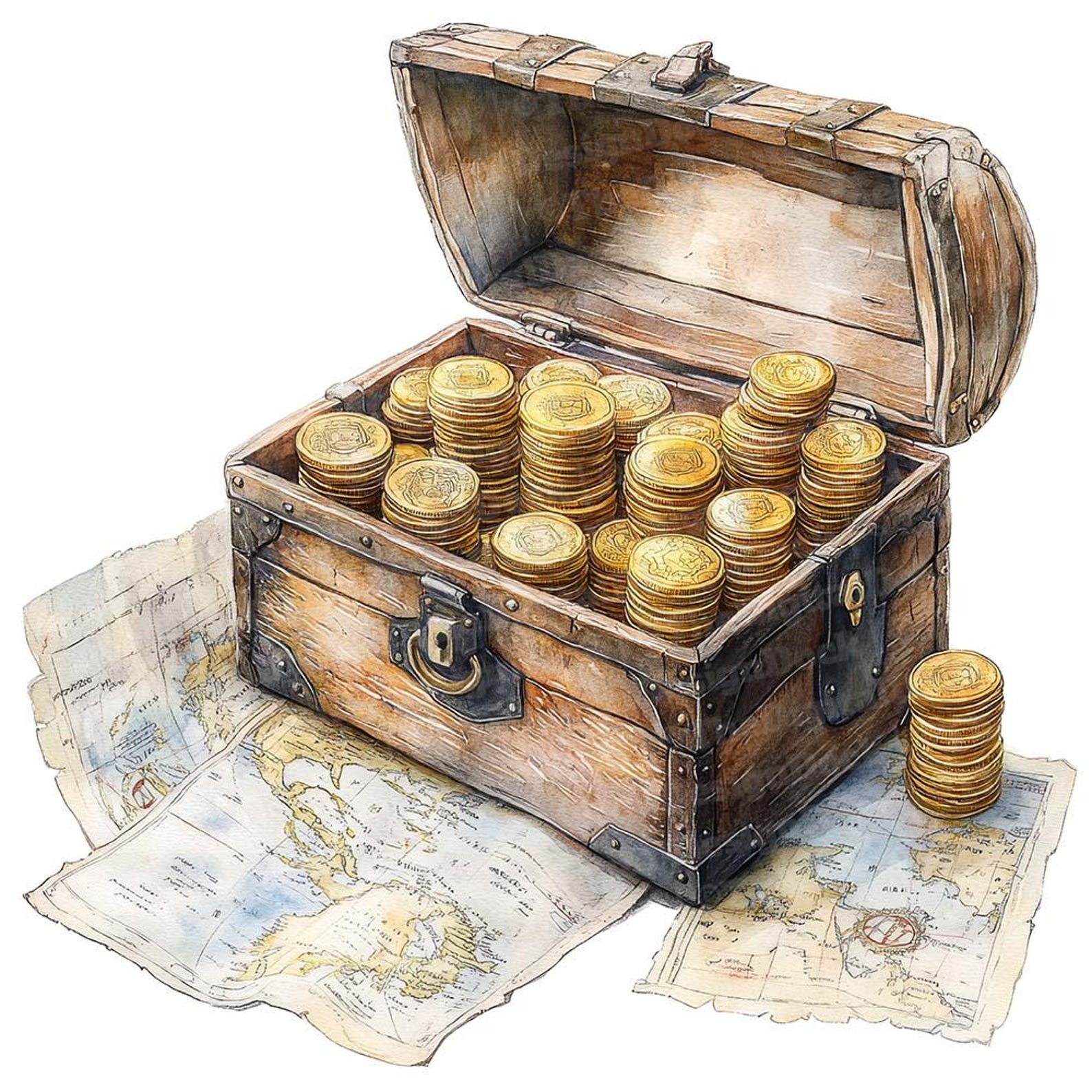 Treasure Map Chest Clip Art, 12x Gold Coins Maps Clipart Set, Printable ...