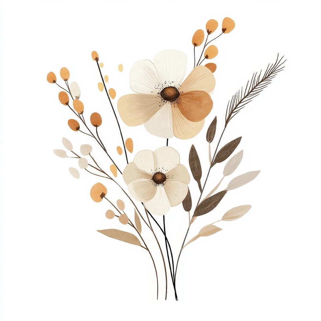 Boho Floral PNG Clip Art, 12x Neutral Flower Clipart Set, Watercolor ...