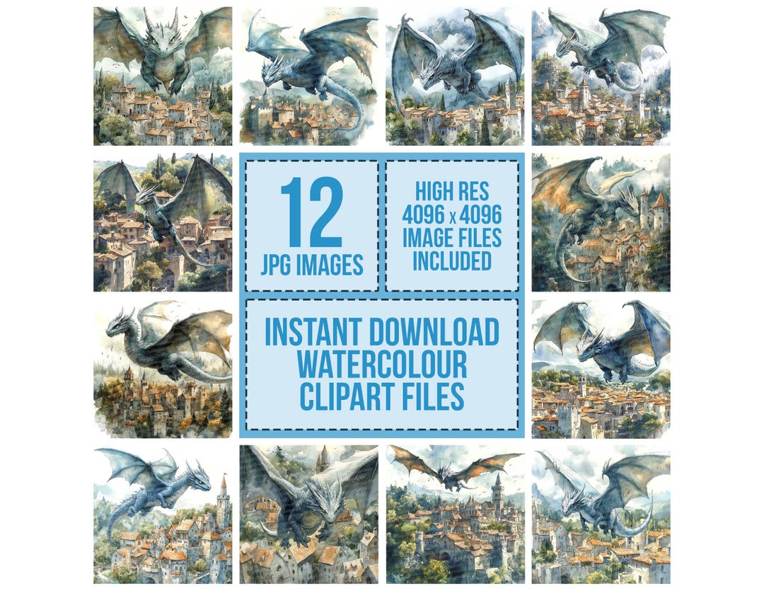 12 Fantasy Dragon Clipart, Watercolor Medieval Castle Clipart ...