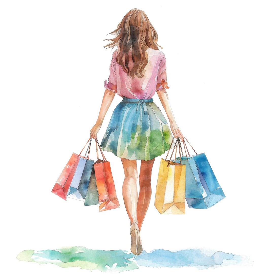 12 Shopping Woman Clipart, Watercolor Shopper Clipart, Printable ...