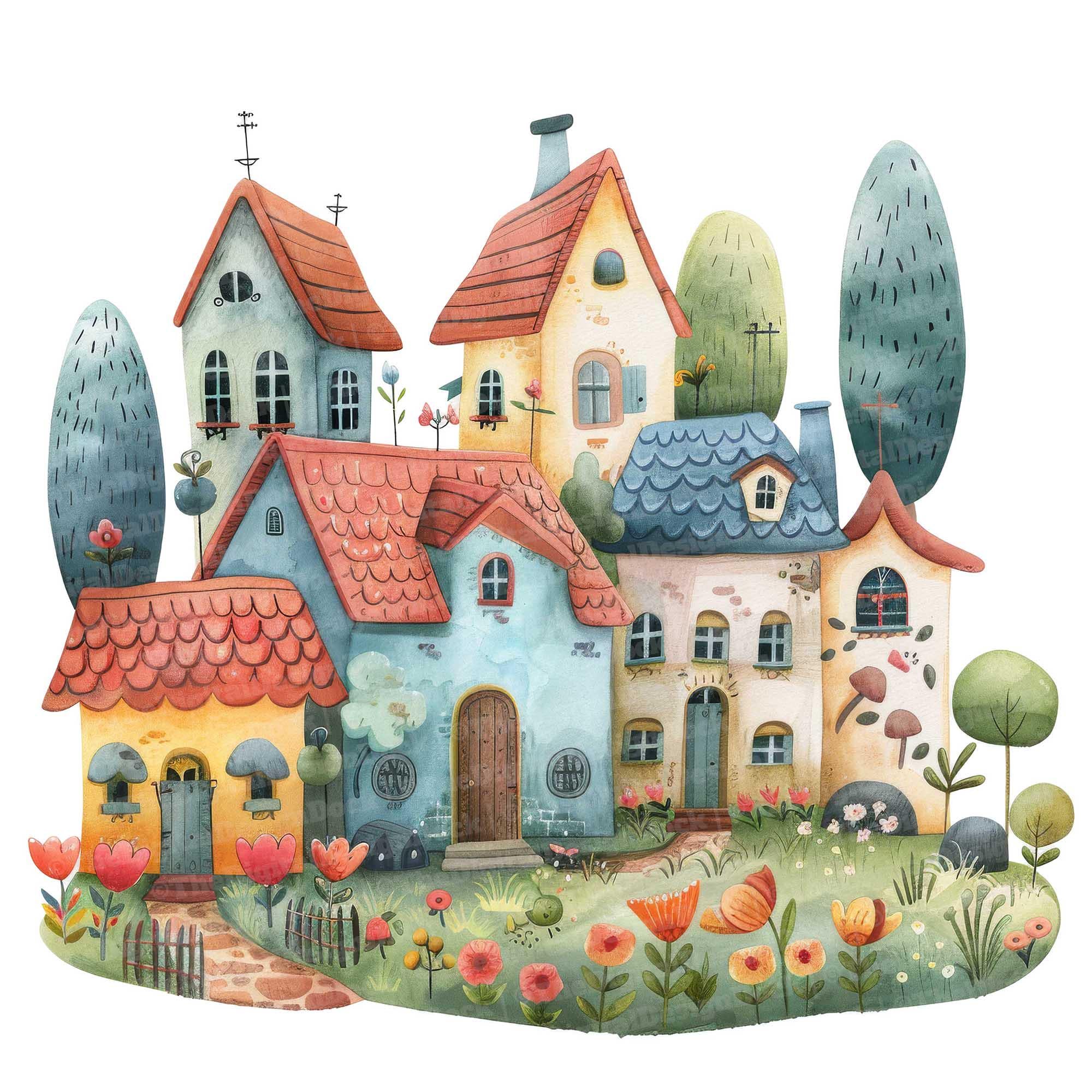 12 Fairy Tale Town Clipart, Watercolor Whimsical Houses Clipart ...