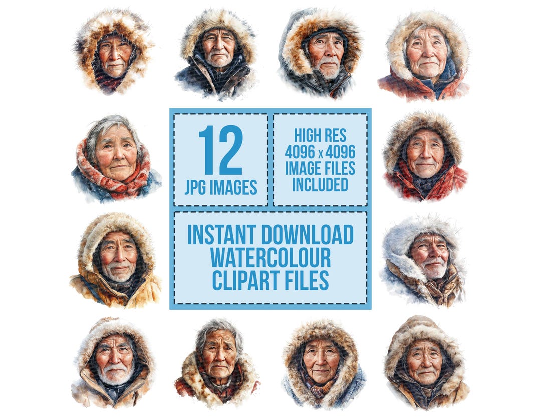 12 Inuit Elder Clipart, Watercolor Indigenous Portrait, Printable ...