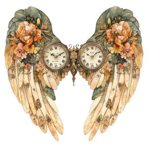 Clock Angel Wings PNG Clipart, 12x Watercolor Vintage Floral Wings Clip ...