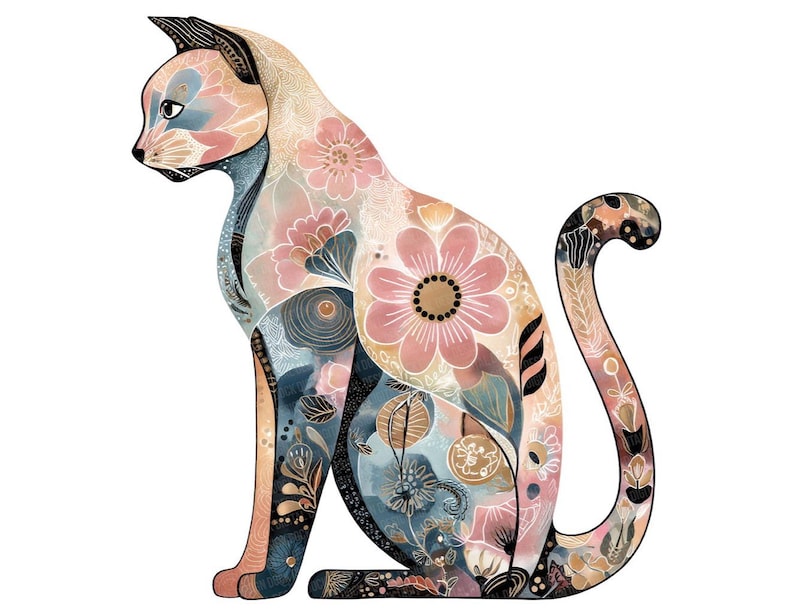 Floral Cat PNG Clipart, 12x Decorative Cats Clip Art Set, Printable ...