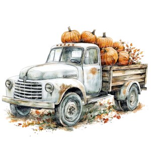 Pumpkin Truck Clip Art, 12x Watercolor Vintage Truck Pumpkins Harvest ...