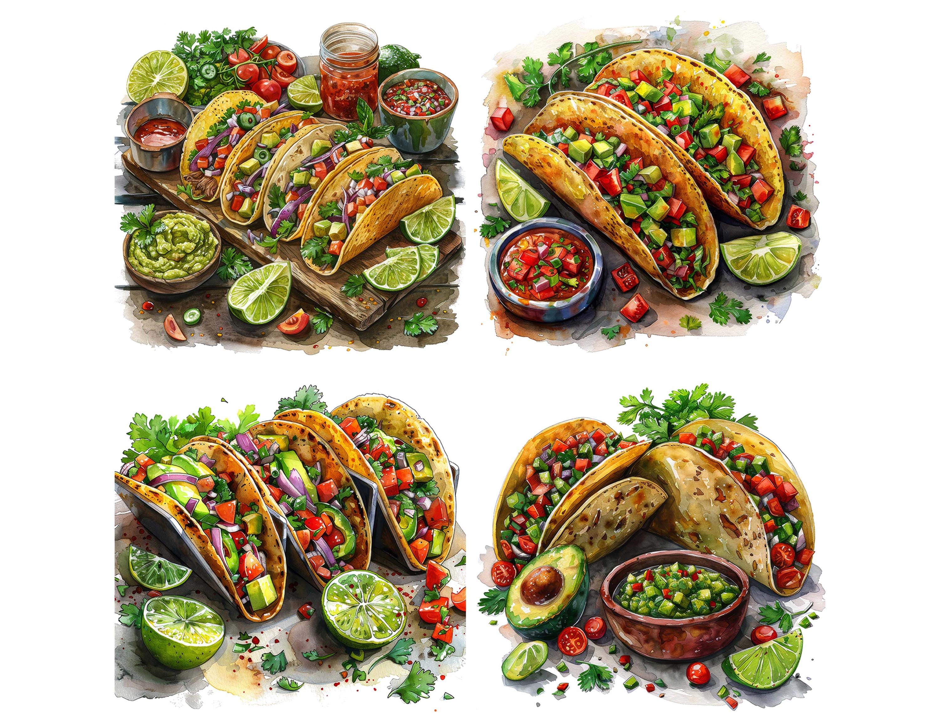 Taco PNG Clipart, 12x Mexican Food Clip Art Set, Printable Watercolor ...