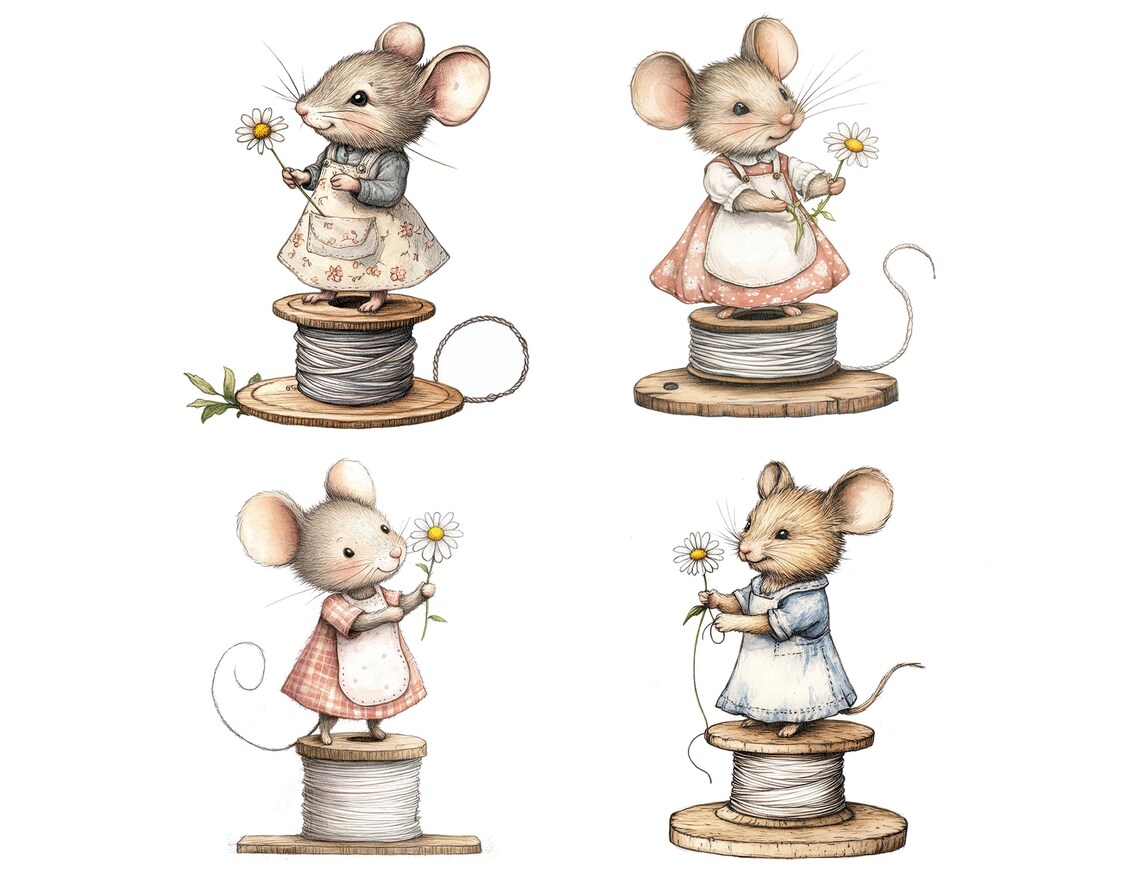 Mouse Clipart, 12x Thread Spool Mice Clip Art Set, Printable Watercolor ...