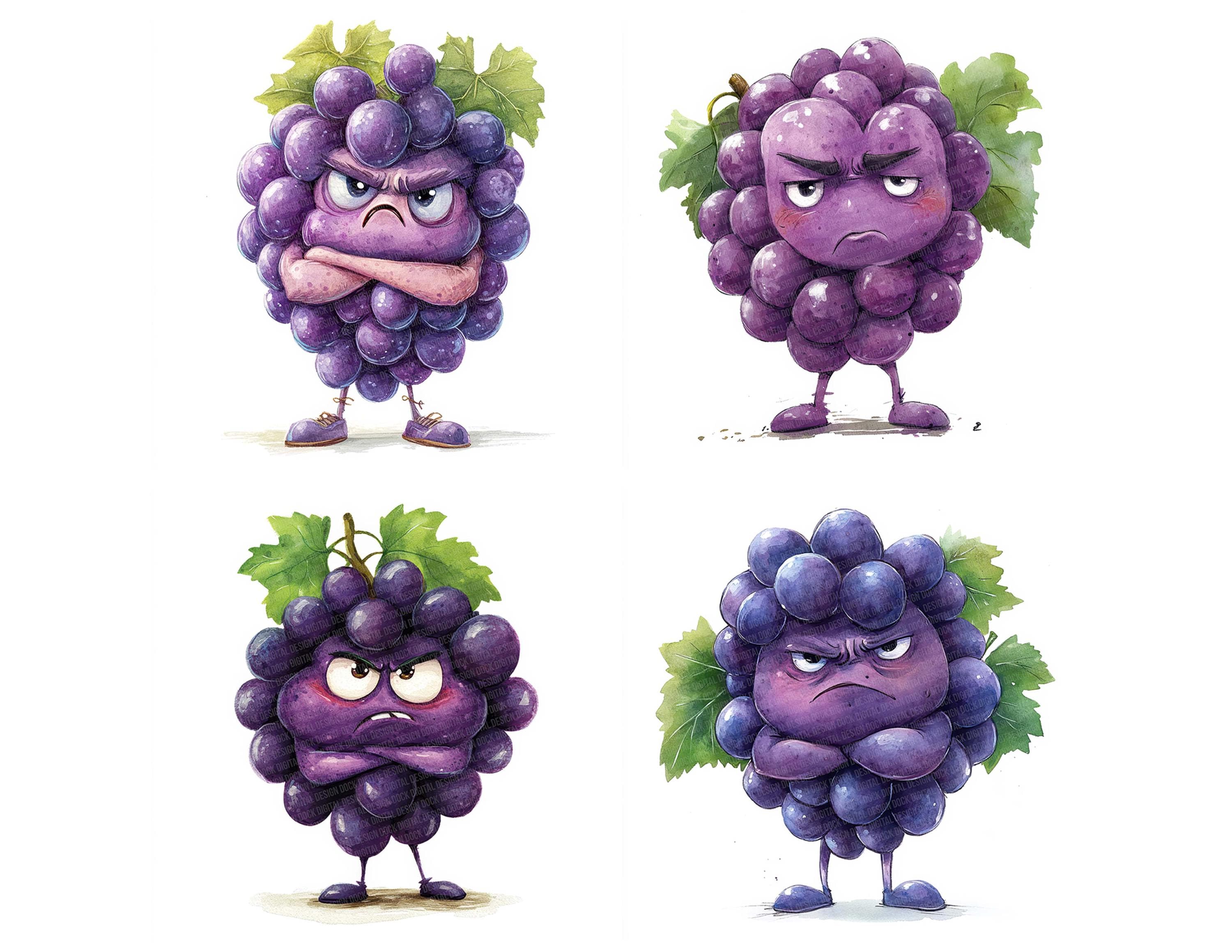 Grumpy Grapes PNG Clip Art, 12x Funny Fruit Character Clipart Set ...