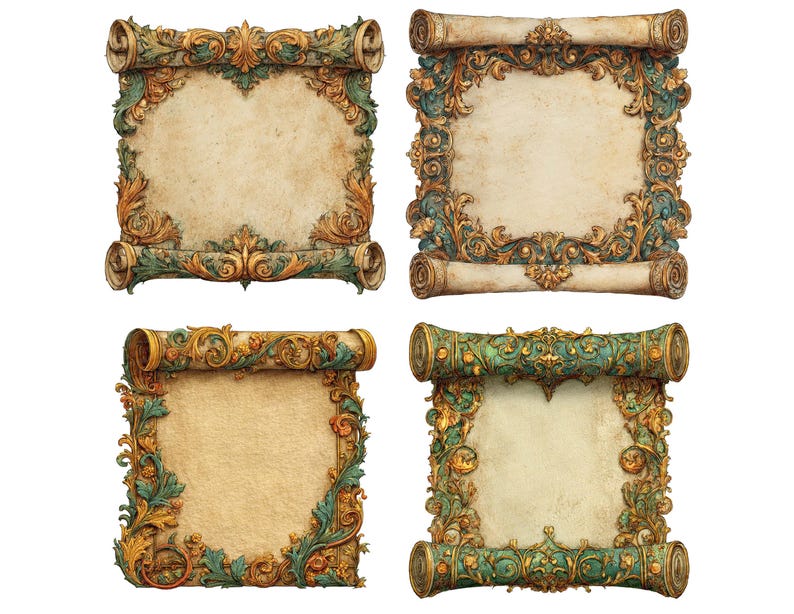 12x Ornate Medieval Scroll PNG Clipart, Watercolor Vintage Paper Frames ...
