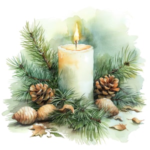 12 Winter Candle Clipart, Watercolor Pinecone Candle Clipart, Printable ...