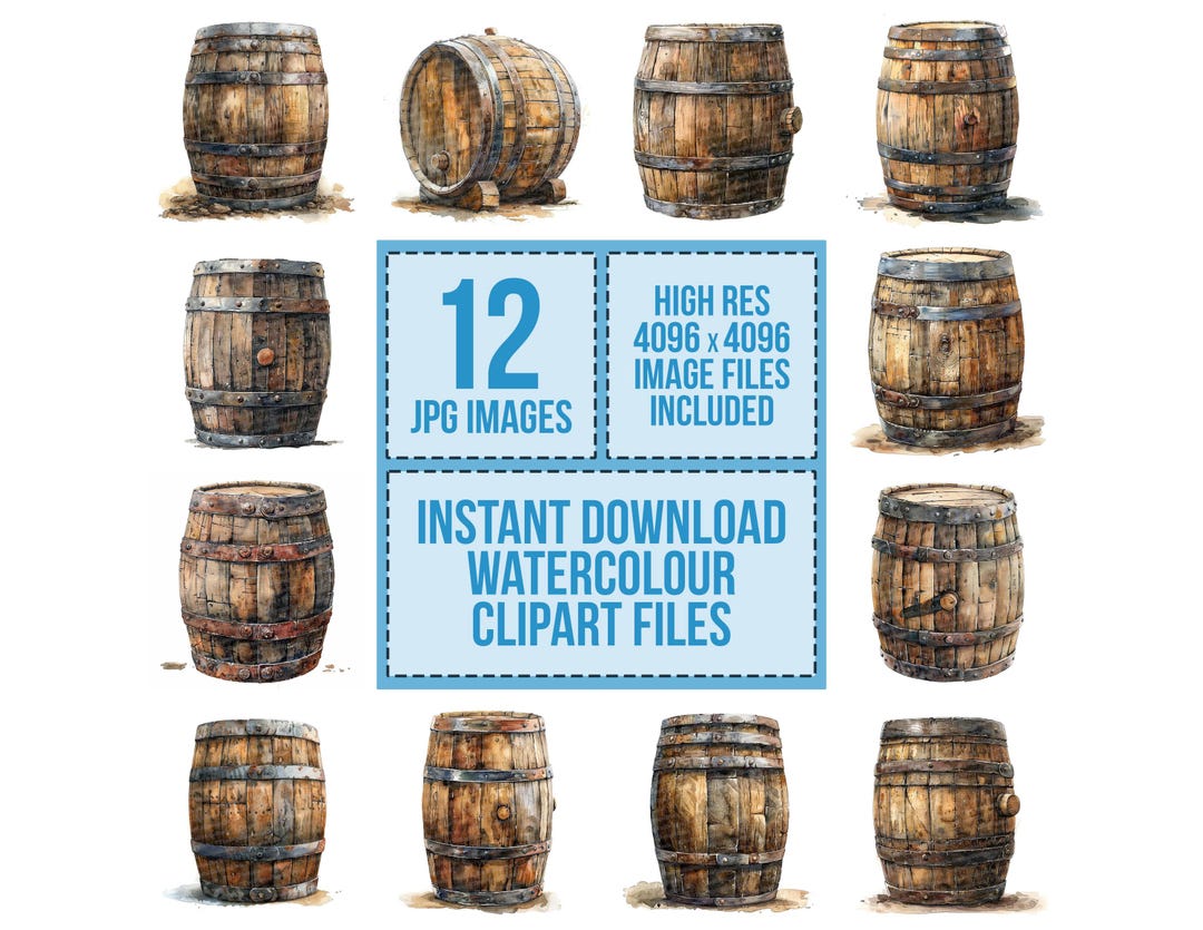 12 Whiskey Barrel Clipart, Watercolor Barrel Clipart, Printable ...