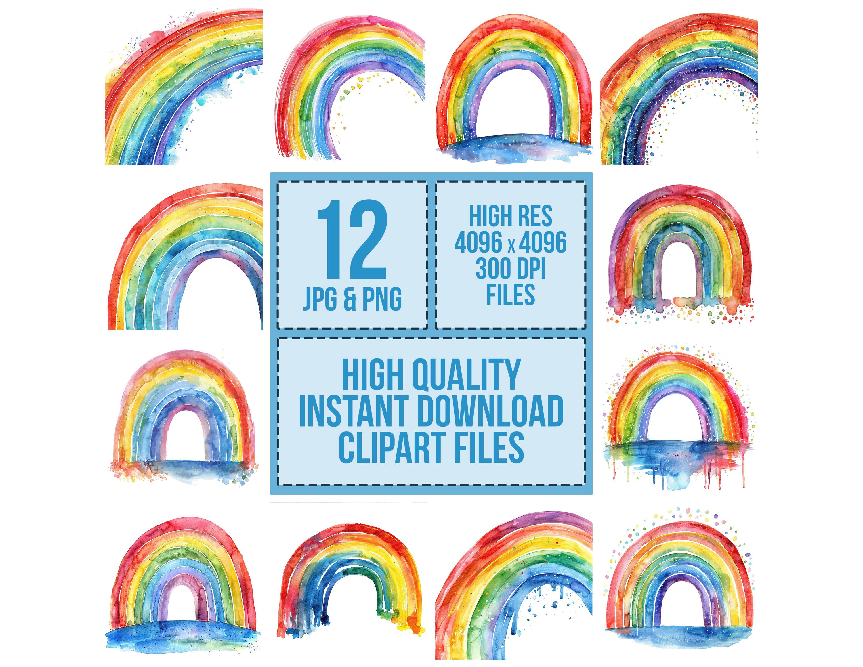 Rainbow Clipart, 12x Vibrant Watercolor Rainbow Clip Art Set, Printable ...