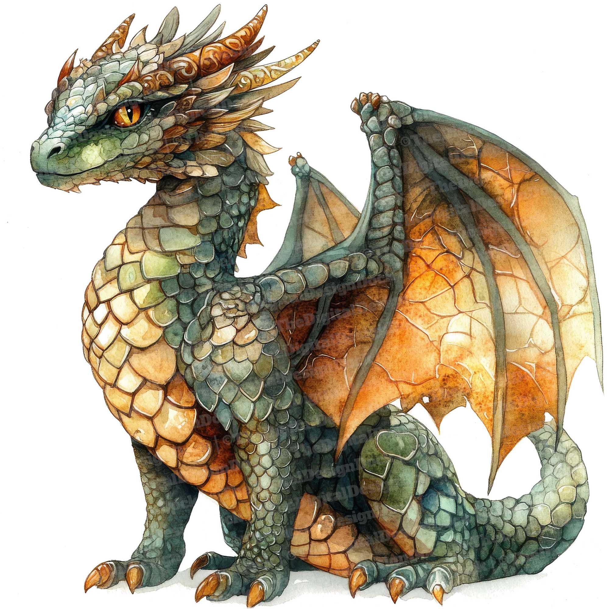 12 Medieval Dragon Clipart, Watercolor Fantasy Dragon Clipart ...