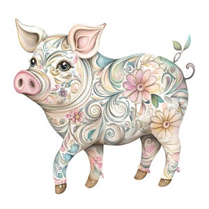 Folk Art Pig Clip Art, 12x Decorative Pig Clipart Set, Watercolor ...