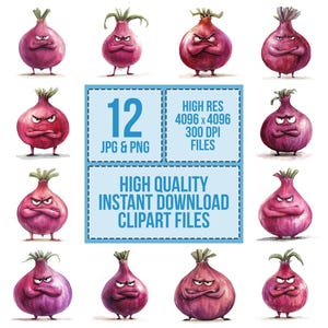 Angry Onion Watercolor PNG Clipart, 12x Funny Vegetable Character PNG ...