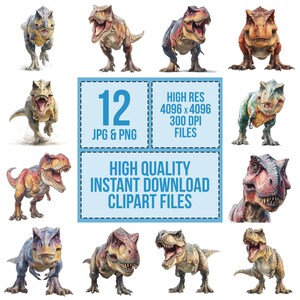 12x T-rex PNG Clipart, Watercolor Dinosaur Clip Art Set, Realistic Dino ...