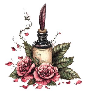 12x Feather Quill PNG Clipart, Ink Bottle With Roses Clip Art Set ...