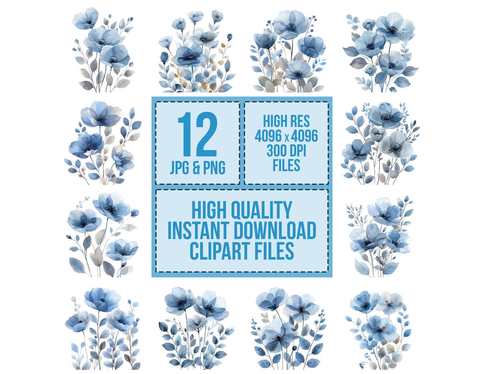 Blue Floral PNG Clipart, 12x Abstract Flower Clip Art Set, Printable ...