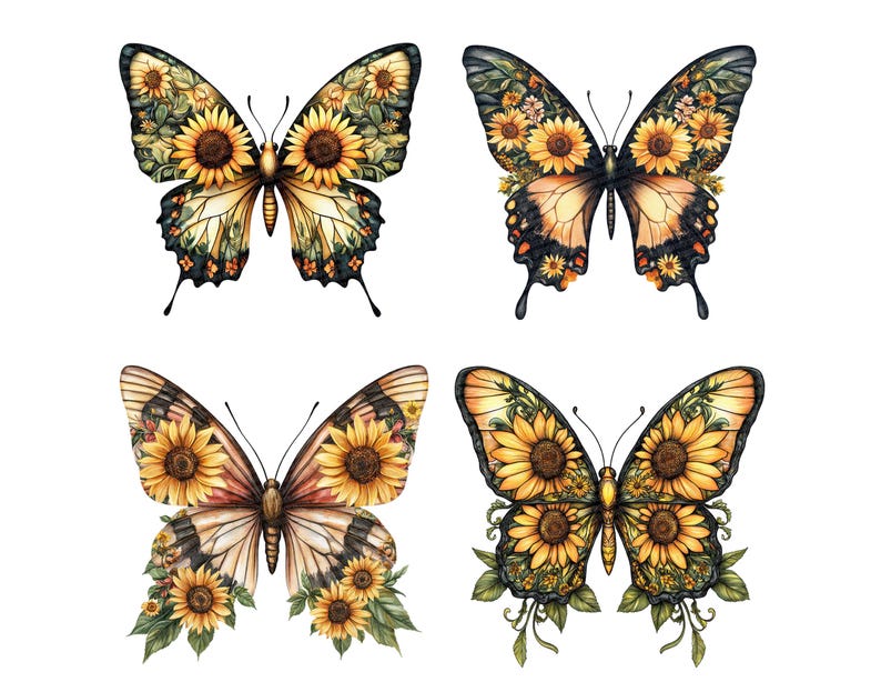 Sunflower Butterfly PNG Clip Art, 12x Floral Wing Clipart PNG Set ...